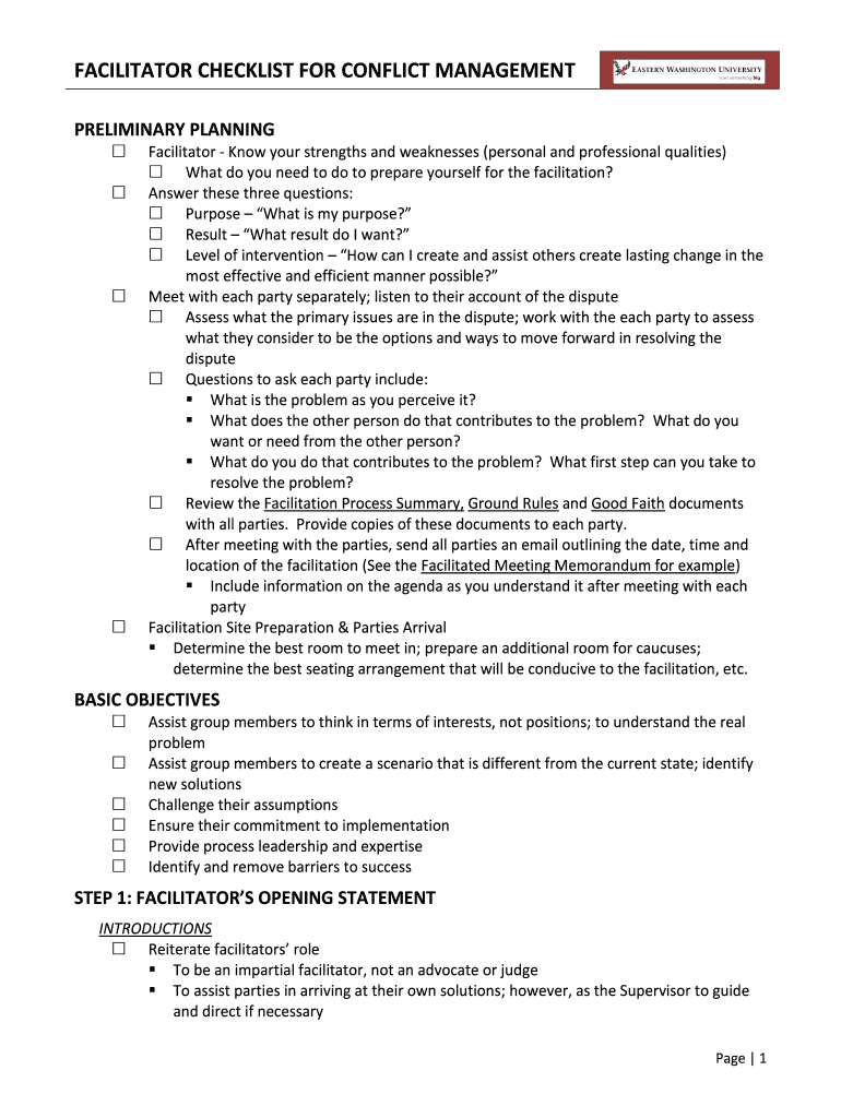 Fillable Online FACILITATOR checklist for CONFLICT MANAGEMENT Fax Email ...