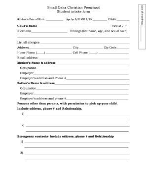 Fillable Online Small Oaks Christian Preschool Student intake form Fax ...