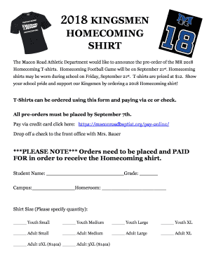 Fillable Online 2018 Homecoming T-shirt order form Fax Email Print ...