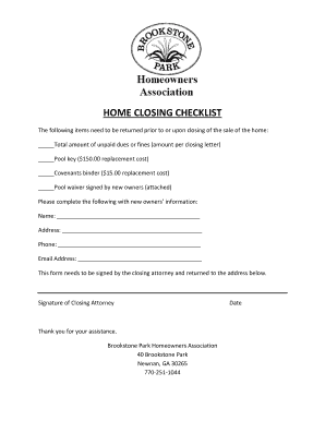 Fillable Online HOME CLOSING CHECKLIST - brookstonepark.org Fax Email ...