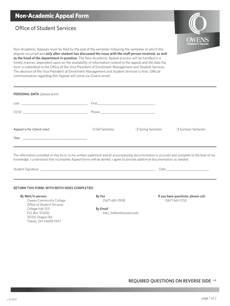 Fillable Online SAP Student Appeal Form V14 - SAPAP - Owens Community ...
