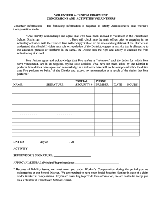 Fillable Online VOLUNTEER ACKNOWLEDGEMENT FORM CONSESSIONS AND ...