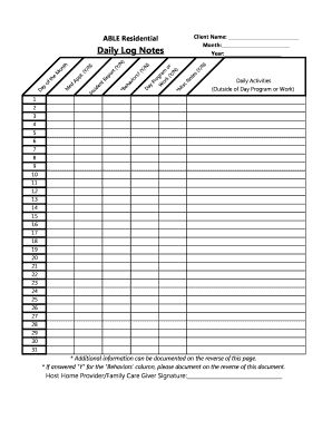 Fillable Online ABLE Residential Client Name: Daily Log Notes Fax Email ...