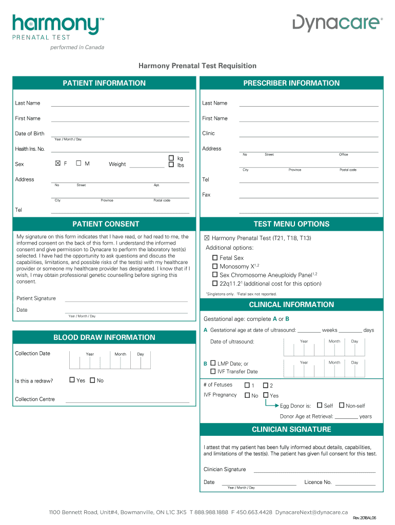 Fillable Online Harmony Prenatal Test Requisition - Perinatal Services ...