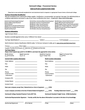 Fillable Online New Supplier Classification Form - Dartmouth College ...