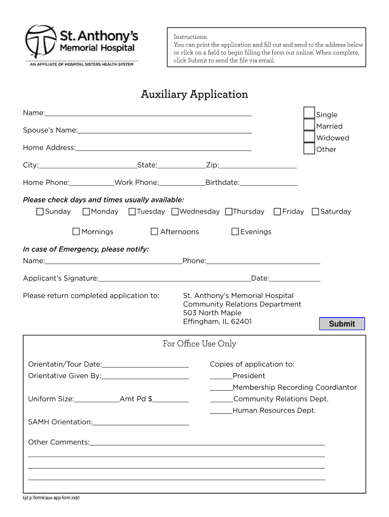 Fillable Online stanthonyshospital Hospital Auxiliary Application - St. Anthony's Memorial ...