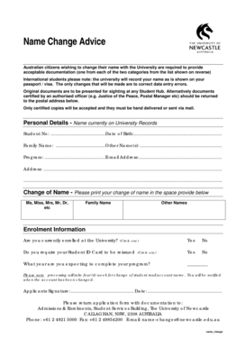 Fillable Online newcastle edu Name Change Advice form (PDF, 79.5KB) - University of Newcastle ...