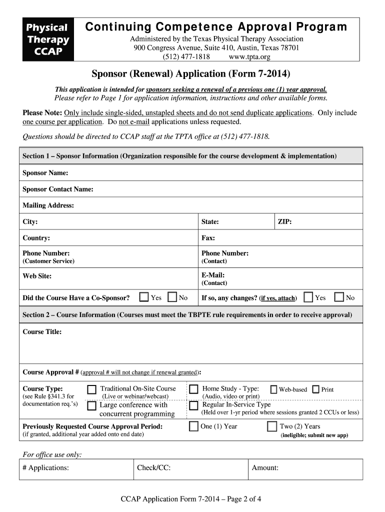 Fillable Online tpta Sponsor Renewal Application Form - Texas Physical ...