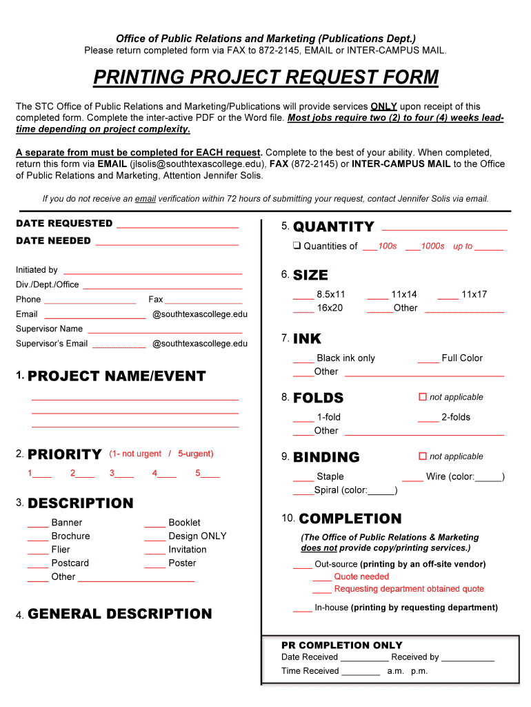 Fillable Online admin southtexascollege PRINTING PROJECT REQUEST FORM ...