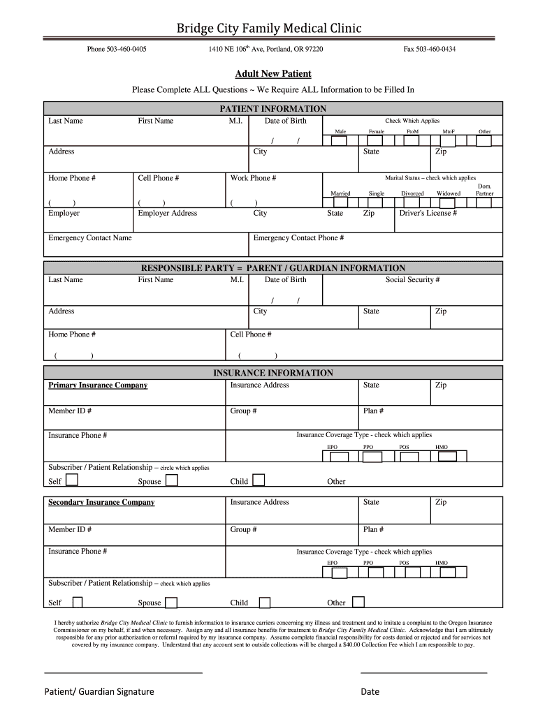 Fillable Online Adult New Patient Packet - Bridge City Family Medical Clinic Fax Email Print ...