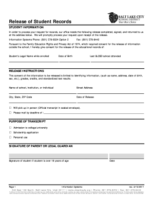 Fillable Online slcschools Release of Student Records - Salt Lake City ...