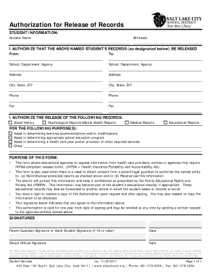 Fillable Online slcschools Authorization for Release of Records - Salt ...
