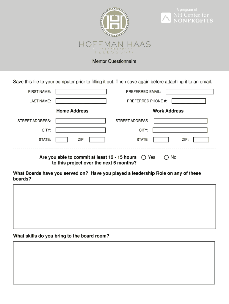 Fillable Online Mentor Questionnaire Save this file to your computer ...