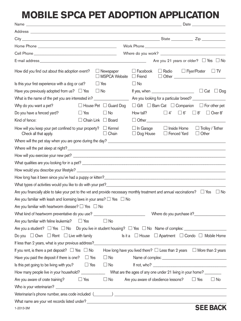 Fillable Online Pet adoption application - Mobile SPCA Fax Email Print ...