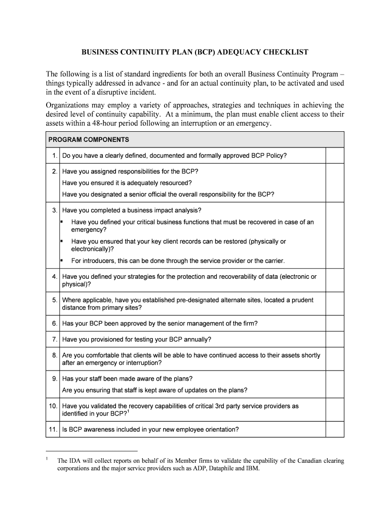 Fillable Online BUSINESS CONTINUITY PLAN (BCP) ADEQUACY CHECKLIST Fax ...