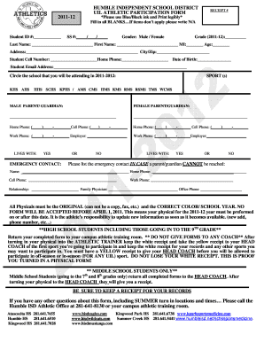 Fillable Online HUMBLE INDEPENDENT SCHOOL DISTRICT UIL ATHLETIC ...