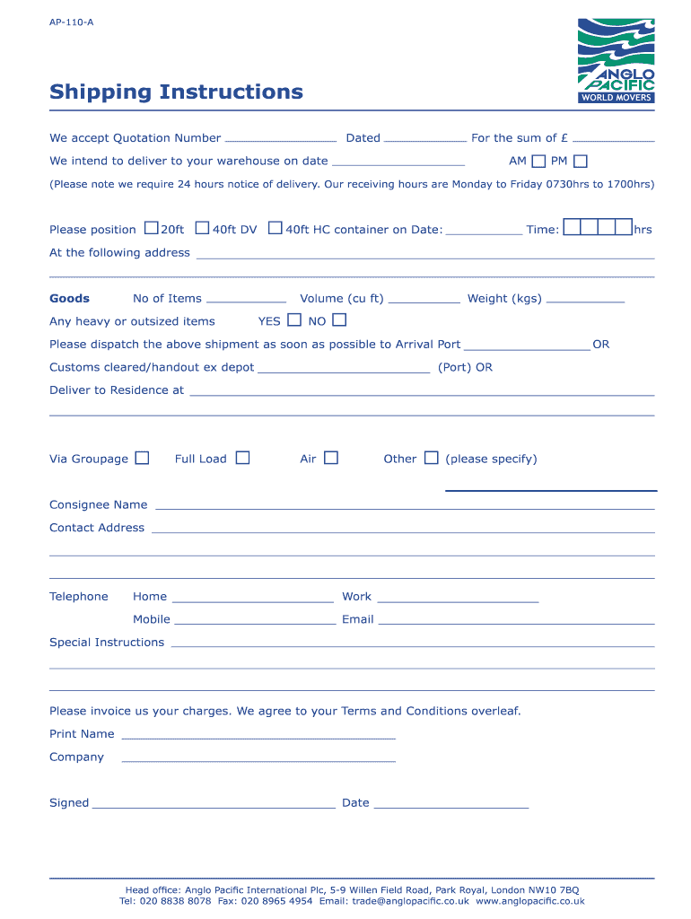 Fillable Online anglopacific co Shipping Instructions (trade) To be ...