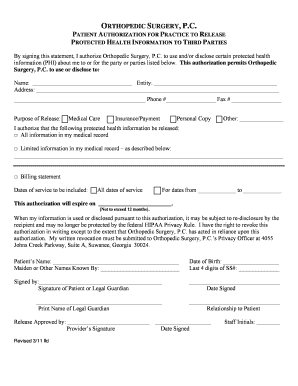 Fillable Online ORTHOPEDIC SURGERY P.C. PATIENT AUTHORIZATION FOR PRACTICE TO ... Fax Email ...