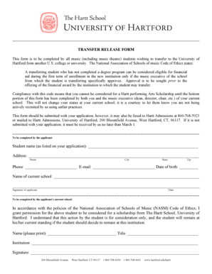 Fillable Online Transfer release form - The Hartt School - University ...