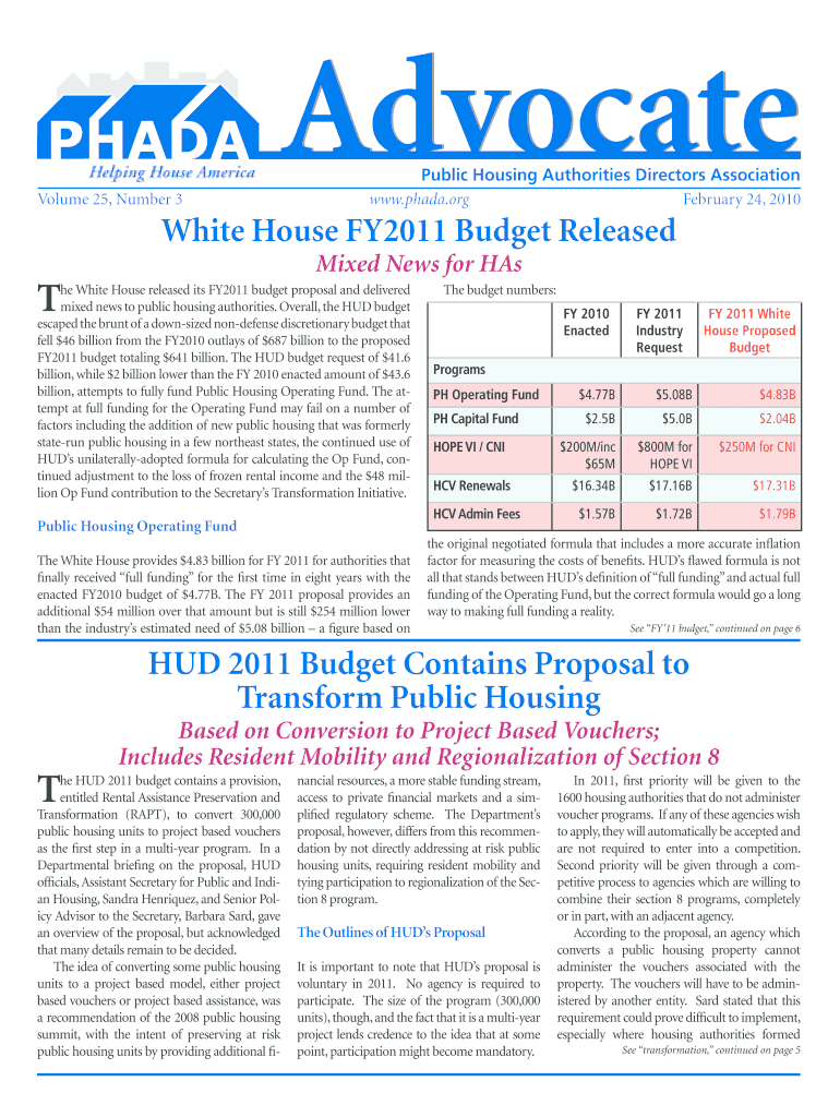 Fillable Online phada HUD 2011 Budget Contains Proposal to Transform ...