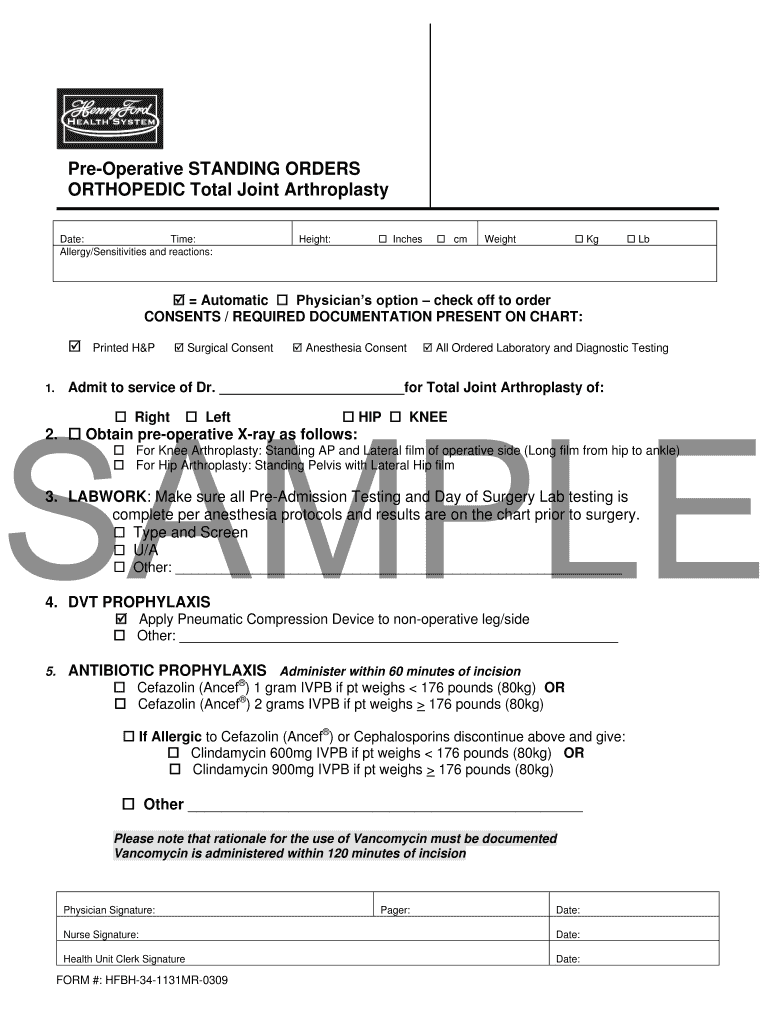 Fillable Online hfhs-formslibrary Pre-Operative STANDING ORDERS ...