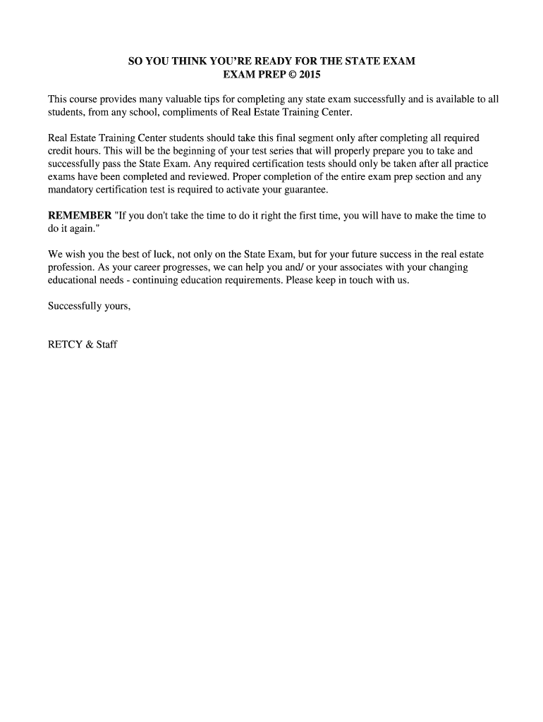 Fillable Online SO YOU THINK YOURE READY FOR THE STATE EXAM Fax Email ...
