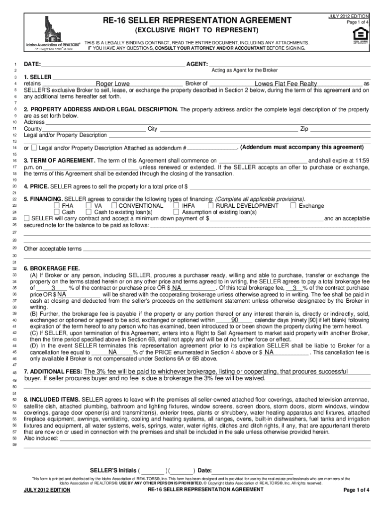 Sellers Representation Agreement - Fill Online, Printable, Fillable ...