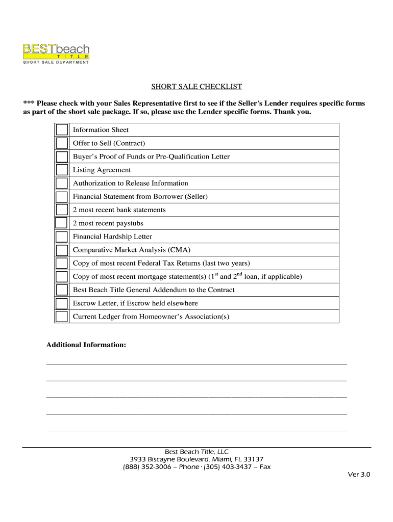 Fillable Online bestbeachtitle SHORT SALE CHECKLIST *** Please check with ... - Best Beach Title ...