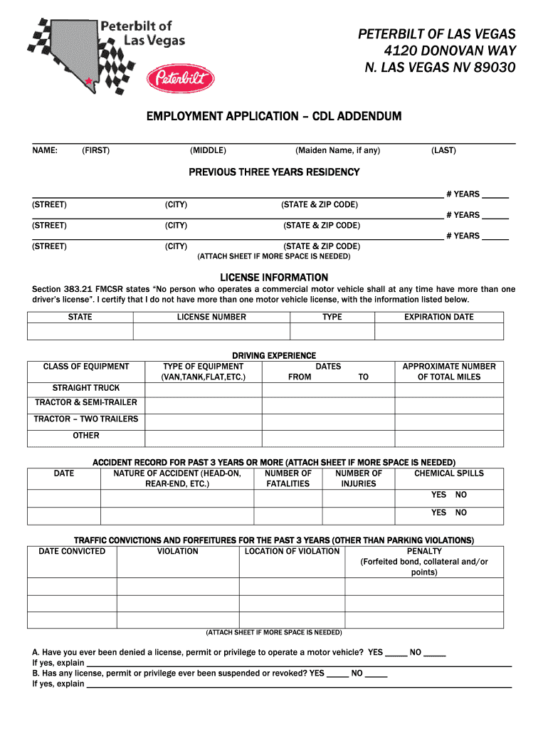 Fillable Online CDL application - Peterbilt of Las Vegas Fax Email Print - pdfFiller