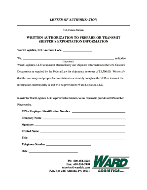 Fillable Online WRITTEN AUTHORIZATION TO PREPARE OR TRANSMIT SHIPPER S ...