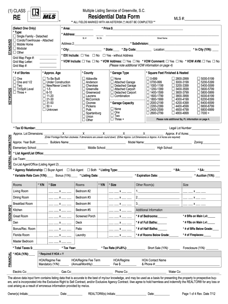 Fillable Online Residential Data Form - South Carolina Home Corporation ...