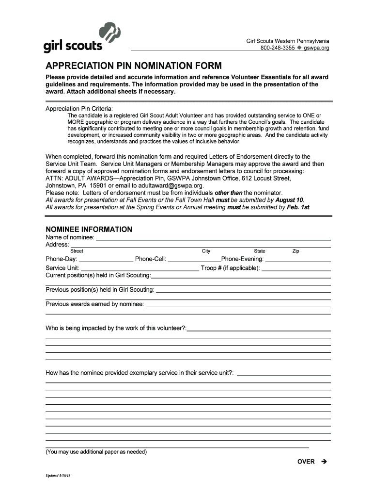 Fillable Online gswpa APPRECIATION PIN NOMINATION FORM Fax Email Print - pdfFiller