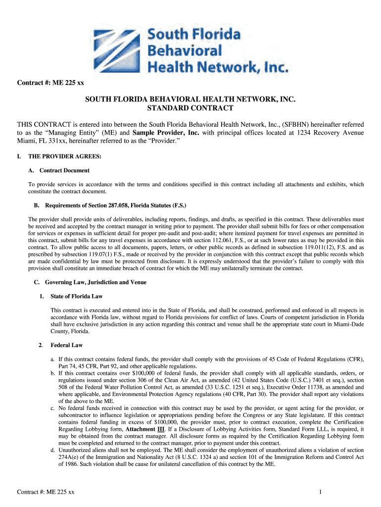 Fillable Online South florida behavioral health network, inc. standard ...