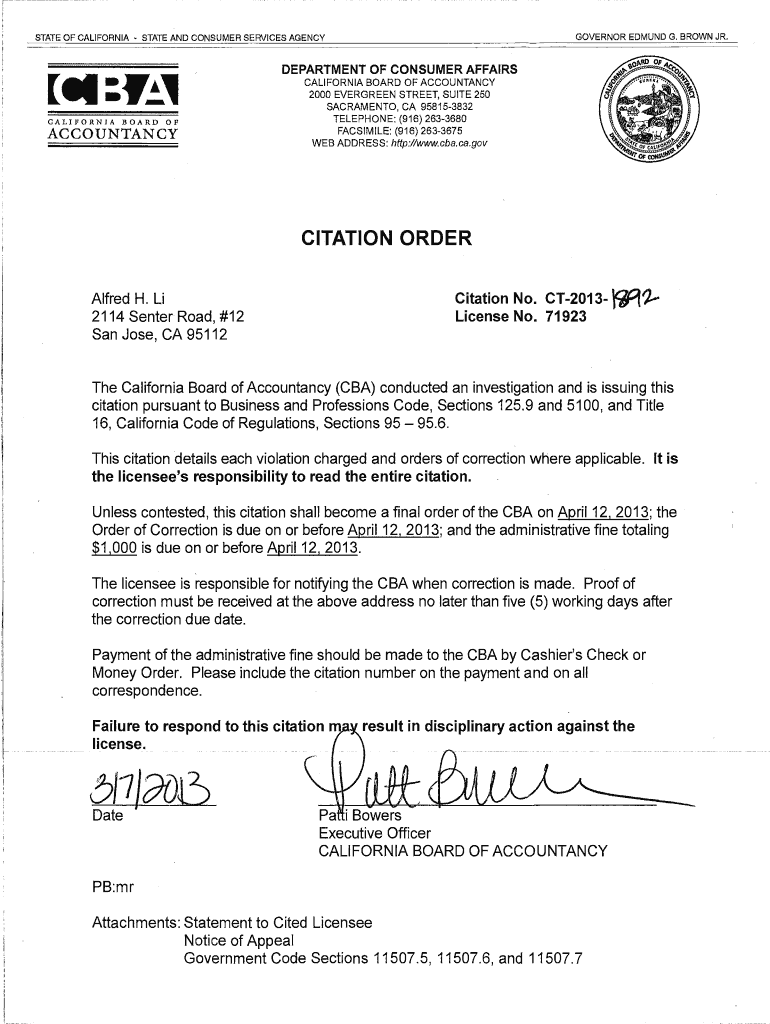 Fillable Online dca ca Citation Order CT-2013-1892 - California Board ...