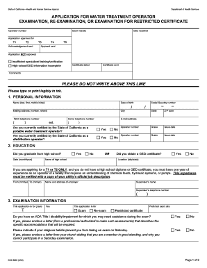Fillable Online cdph ca Application for Water Treatment Operator Examination, Re ... Fax Email ...