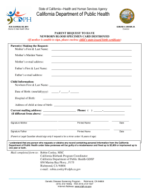 Fillable Online cdph ca Consent for Destruction of Dried Bloodspots ...