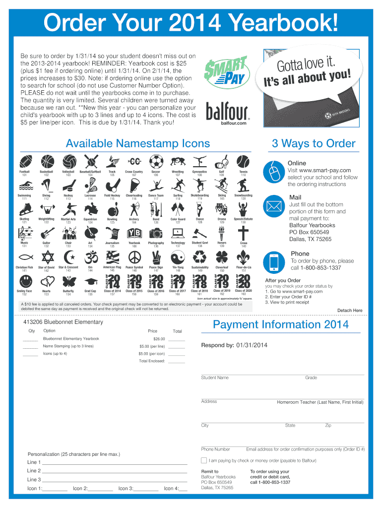 Fillable Online Yearbook Order Form.pdf - Bluebonnet Elementary School Fax Email Print - pdfFiller