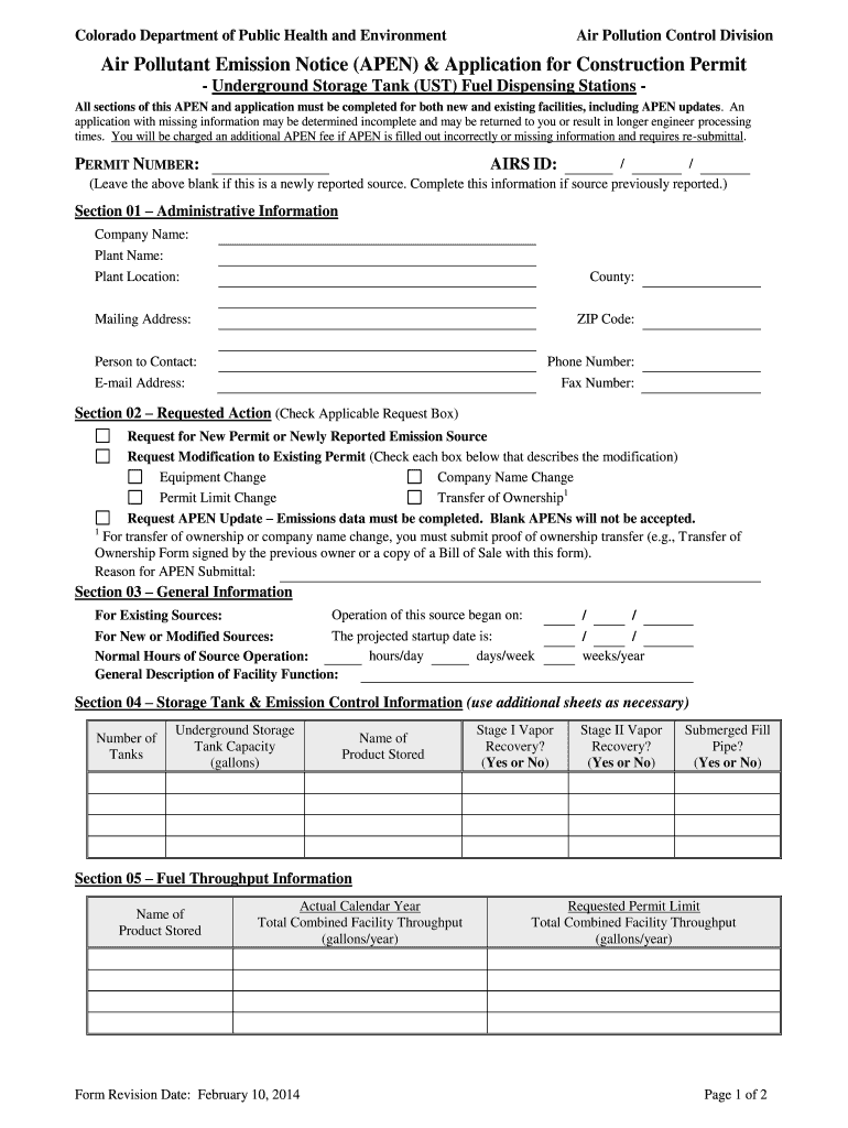 Fillable Online colorado Air Pollutant Emission Notice (APEN ...