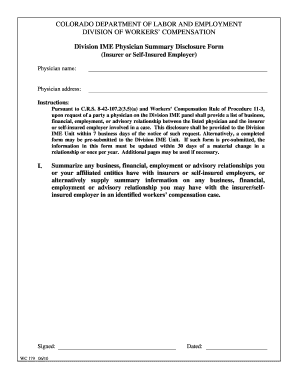 Fillable Online colorado COMPENSATION Division IME Physician Summary ...