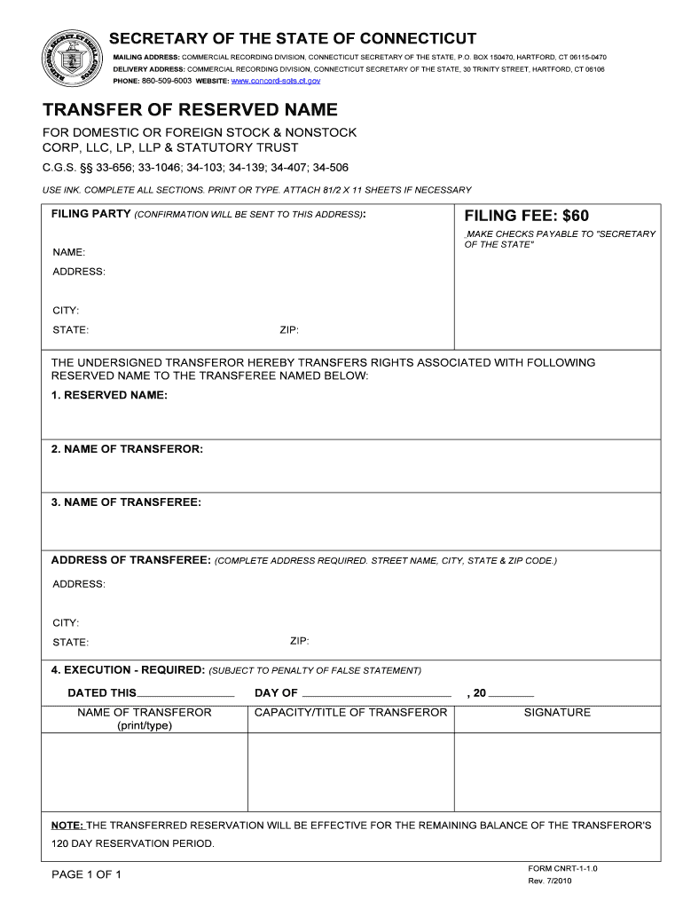 Fillable Online sots ct Transfer of reserved name - Connecticut ...