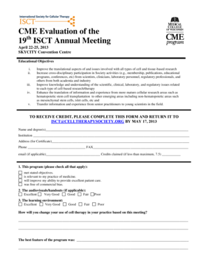Fillable Online celltherapysociety CME Evaluation of the 19 ISCT Annual ...