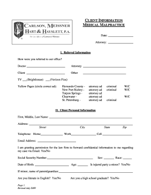 Fillable Online Client information medical malpractice - Carlson ...