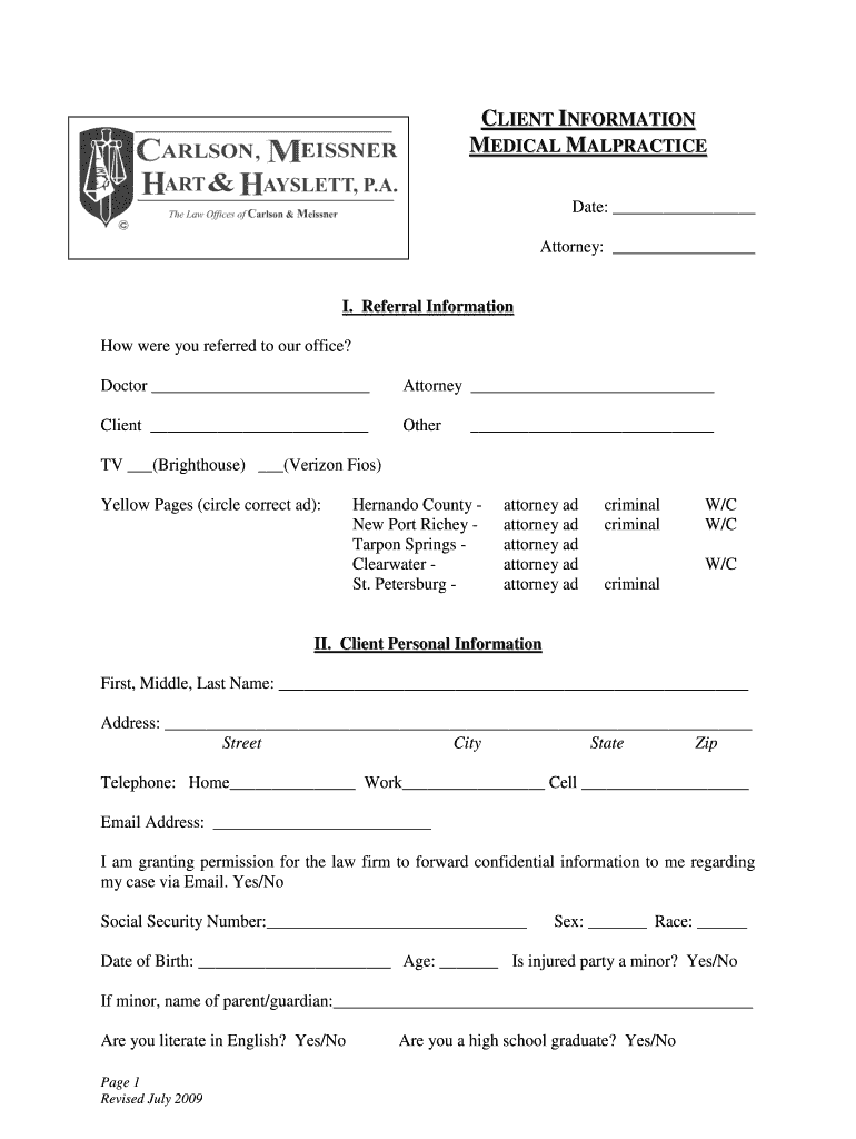 Fillable Online Client information medical malpractice - Carlson ...