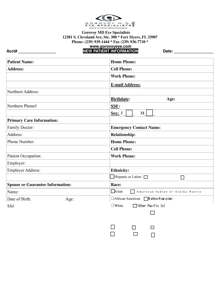 Fillable Online New Patient Information Sheet - Gorovoy MD - Eye ...