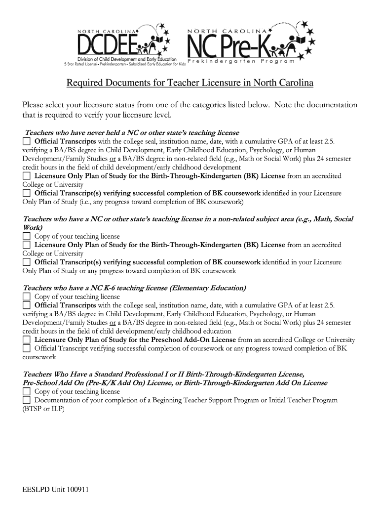 Fillable Online Required Documents for Teacher Licensure in North ...