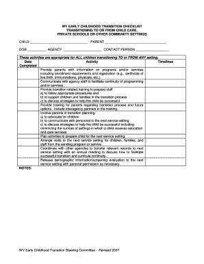 Fillable Online wvearlychildhood Transition Checklist - WV Early ...