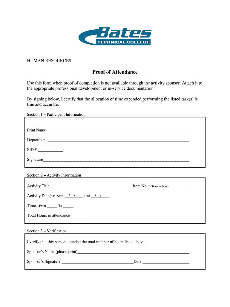 Fillable Online bates ctc Proof of Attendance Fax Email Print - pdfFiller