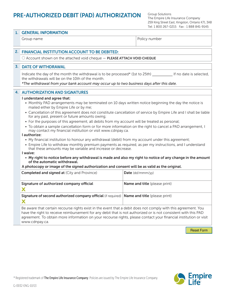 Fillable Online empire Pre-authorized debit (Pad) authorization - Empire Life Fax Email Print ...