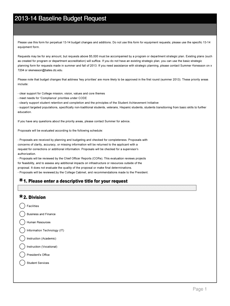 Fillable Online bates ctc 2013-14 Baseline Budget Request - Bates ...