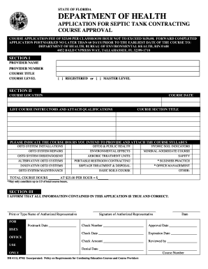 Fillable Online Form DH4115, Application for Septic Tank Contracting Course Approval Fax Email ...